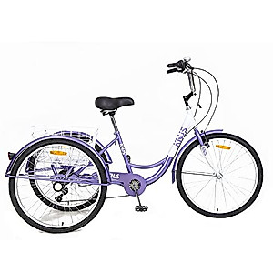 KNUS Adult Tricycle Trikes,7 Speed 3-Wheel Bikes,26 Inch Wheels Cruiser Bicycles with Large Shopping Basket for Women and Men -Purple
