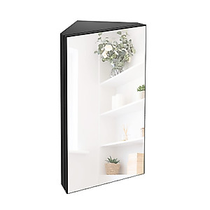eclife 24" Bathroom Corner Medicine Cabinet W/Mirror, Single Door Bathroom Black Wall Mount Mirror Cabinet, Hanging Triple Shelf Storage Cabinet Opens Left to Right