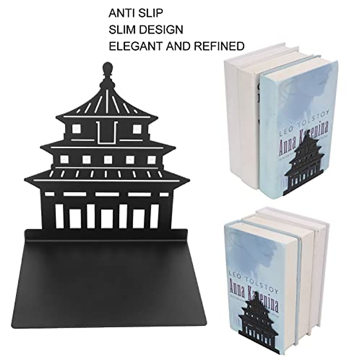 Cyrank Book Ends 4pcs, Black Hollowed Architecture Pattern Iron Bookends for Shelves Book End Book Ends to Hold Books for Desk Library Office(Palace)