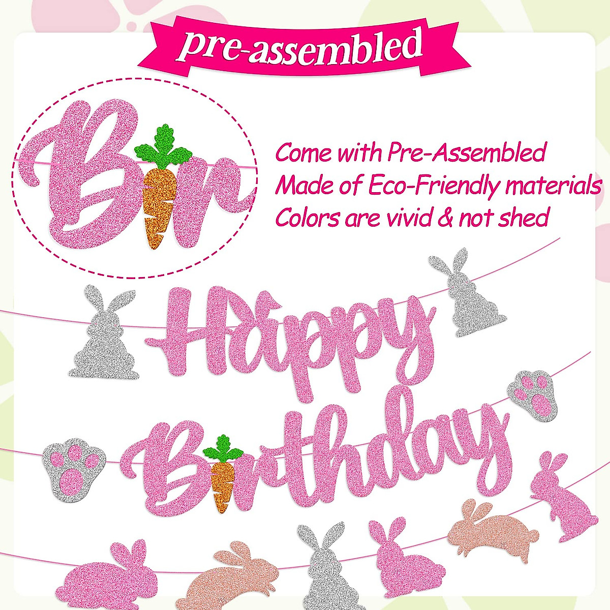 Bunny Birthday Banner Rabbit Bday Party Decorations Bunny Paw Ears Carrot Easter's Day Theme for Kids Boy Girl Baby Shower Party Supplies (Pink)