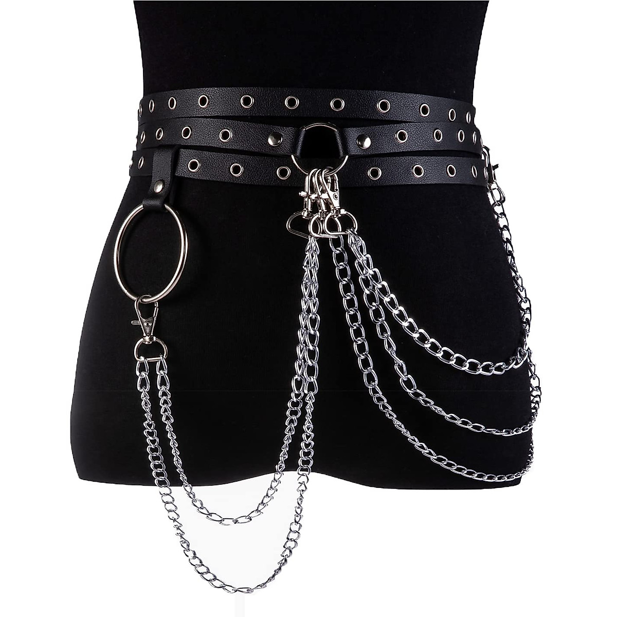 LOREMOW 2 Pcs Black Leather Waist Chain Belt Womens Punk Waist Belly Chain Layered Goth Body Chain Nightclub Party Body Jewelry Accessories