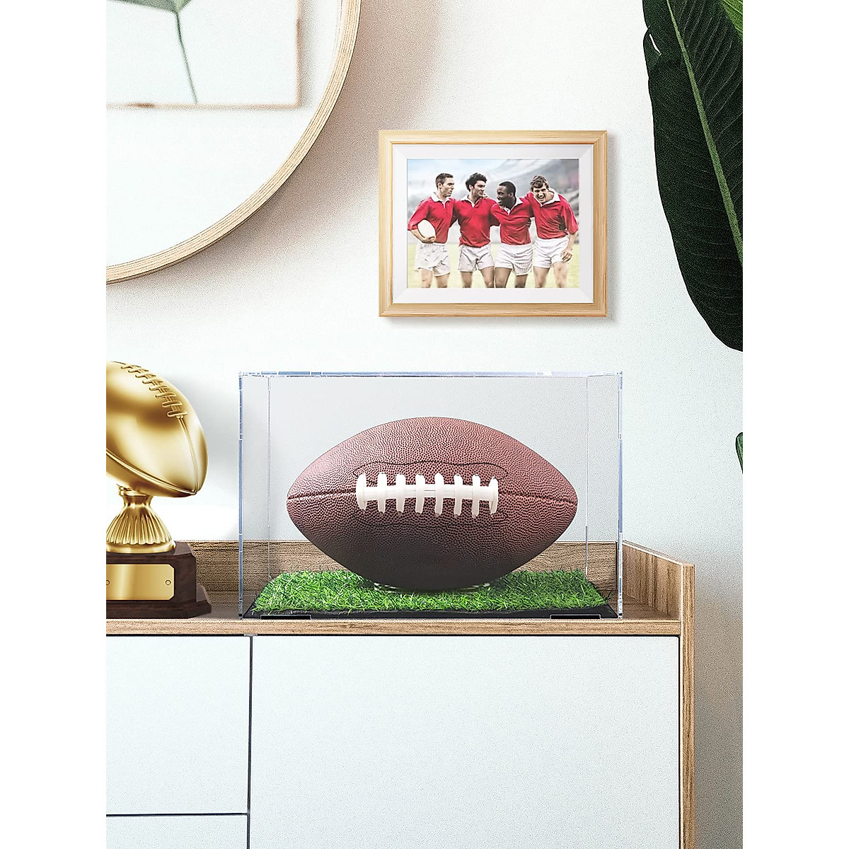 Upgraded Assemblable Acrylic Football Display Case- Clear Football Storage Box Grandstand Football Showcase with Artificial Grass Pad & Black Base & Oval Ball Holder for Sport Lover Football Display