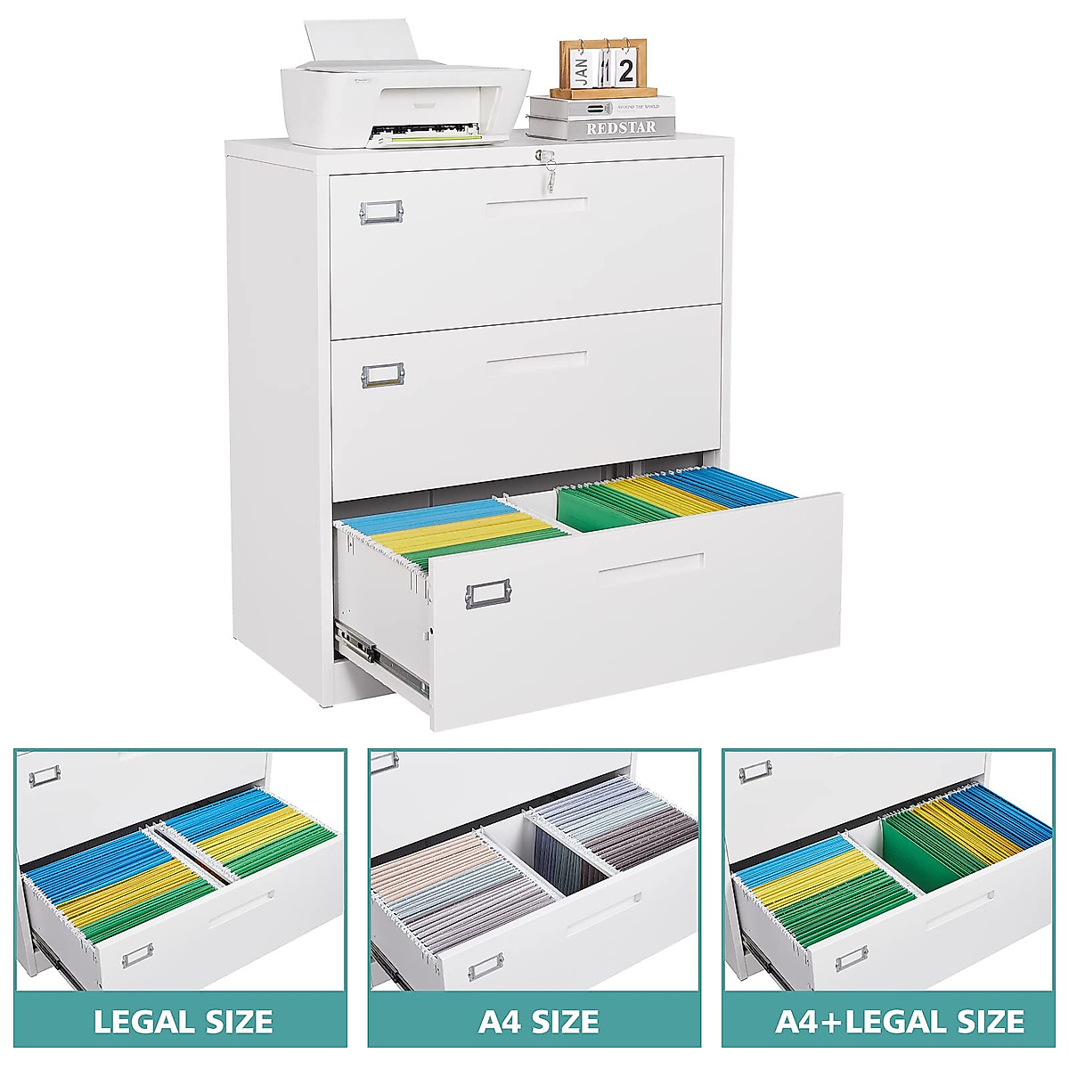 MIIIKO Lateral File Cabinet 3 Drawer, White Metal Filing Cabinet with Lock Lock for Home Office, Large Storage File Organizer for Hanging File Folders,Easy Assemble