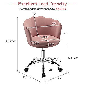 Giantex Kids Desk Chair, Comfy Home Office Task Chair with Wheels, Upholstered Velvet Seashell Back Vanity Chair, Cute Modern Computer Chair for Girls, Adjustable Swivel Rolling Arm Chair, Pink