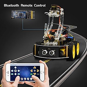 KEYESTUDIO 4WD Bluetooth Smart Car Robot Arm Building Starter Kit for Arduino ，for Uno R3 Programmable Robotics Coding Kit DIY Set for Student Adults 15+