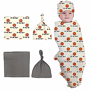 Sport Baby Swaddle Blanket - 2 Pack Swaddling Receiving Blanket with Headband - Baby Shower Newborn Gift (Basketball)