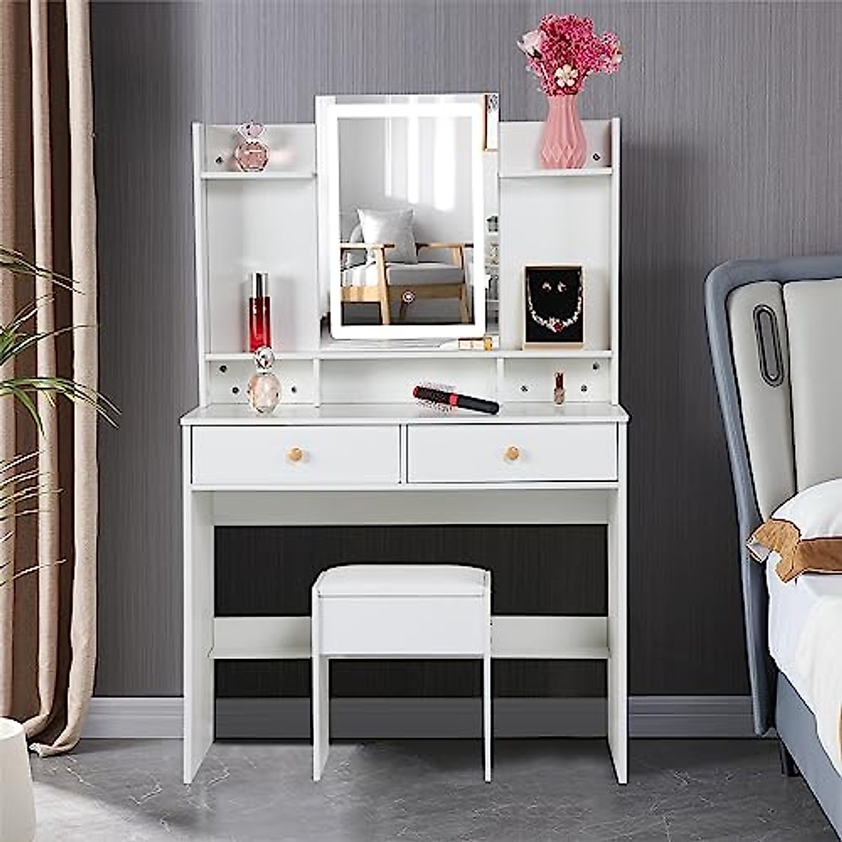 Modern Vanity Table with LED Lighted Mirror, Makeup Vanity Desk with 2 Drawers,Vanity Table Mirror with 3 Color Modes,Multiple Shelves & Cushioned Stool,Dressing Table for Bedroom