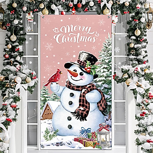 Christmas Snowman Door Cover Merry Christmas Door Decorations Winter Snowman Backdrop Background Banner for Front Door Porch Xmas Party Decor Supplies (Pink)