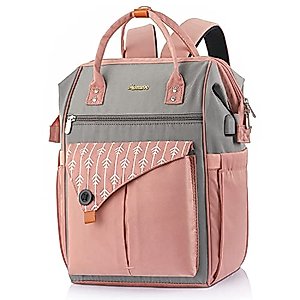 MOMUVO Travel Backpack for Women Laptop Backpack 15.6 Inch,School College Bookbag Work Bag with USB Charging Port,Casual Daypack Teacher Backpack Pink Grey
