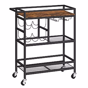 MAHANCRIS Bar Cart for Home, 3-Tier Serving Cart with Wheels and Handle, Beverage Cart with Wine Rack and Glass Holders, Rolling Wine Cart for Kitchen, Dining Room, Rustic Brown RCHR6101