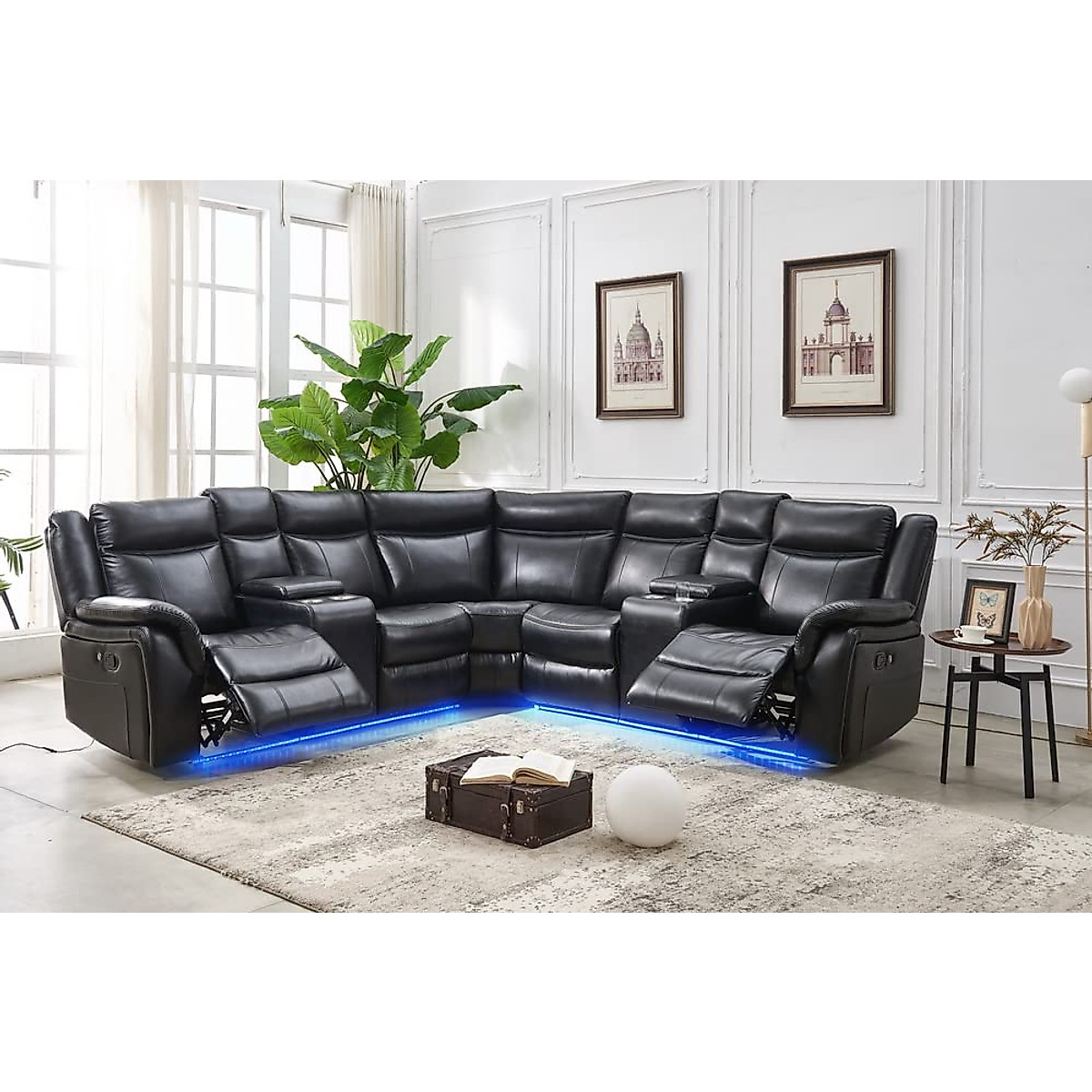 Verfur Faxu Leather Reclining Sectional Consoles and 4 Cupholders,Maunal Motion LED Stripes,Symmetrical Corner Sofa & Couches Curve Home Theater Furniture, Black
