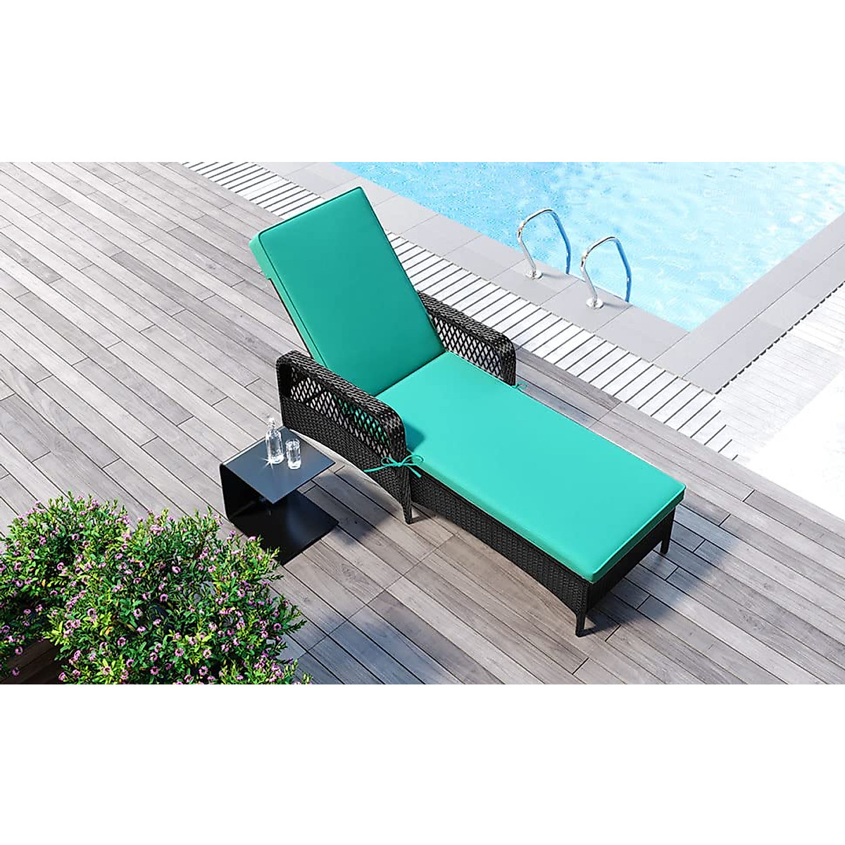 Pool Chaise Lounge Set, Outdoor Patio Pool, PE Rattan Wicker Chair Wicker Lounge Chair, Sun Lounger with Cushion, Reclining Chair Furniture with Adjustable Backrest for Beach Pool Patio (Green+Black)