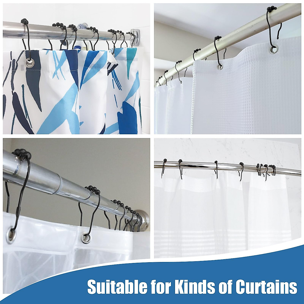 Shower Curtain Rings,Shower Curtain Hooks,Rust Proof Secure Lock Ring Clips for Hanging Bathroom Curtain (Black Pear-Shape)