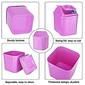 QLFJ-FurDec 2 Pcs Plastic Mini Wastebasket Trash Can with Swing Lid with 4 Rolls of Trash Bags, Tiny Desktop Waste Garbage Bin for Home, Office, Kitchen, Vanity Tabletop, Bedroom, Bathroom(Blue + Purple)