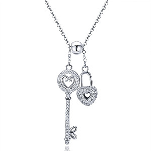 BISAER Heart Lock and Key Pendant Necklace 925 Sterling Silver Cubic Zirconia Charm Necklace Adjustable Necklaces for Women Girls