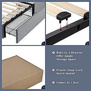 Allewie Upholstered Queen Size Platform Bed Frame with 4 Storage Drawers and Headboard, Square Stitched Button Tufted Mattress Foundation with Wooden Slats Support, No Box Spring Needed, Light Grey