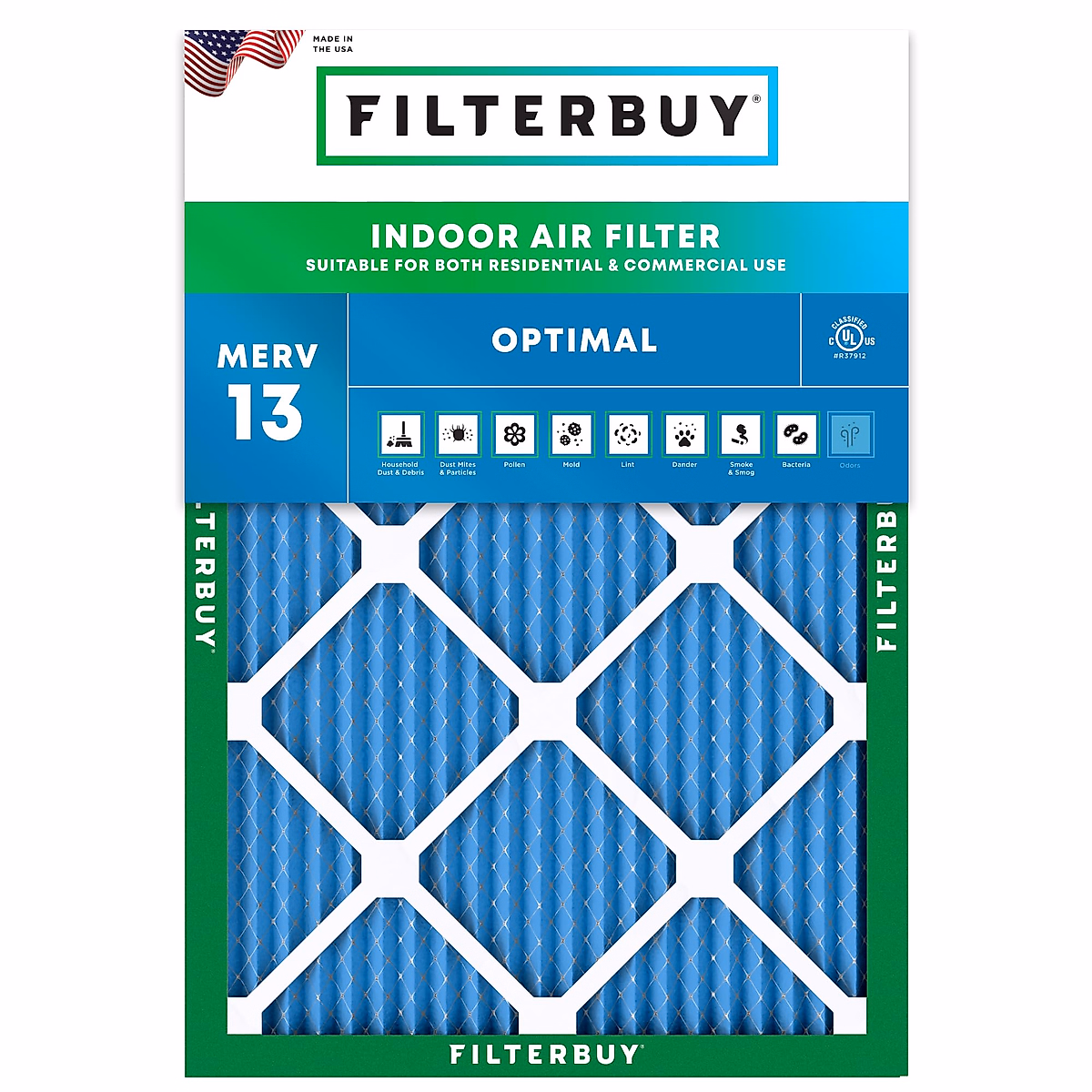 Filterbuy 20x25x2 Air Filter MERV 13 Optimal Defense (1-Pack), Pleated HVAC AC Furnace Air Filters Replacement (Actual Size: 19.50 x 24.50 x 1.75 Inches)