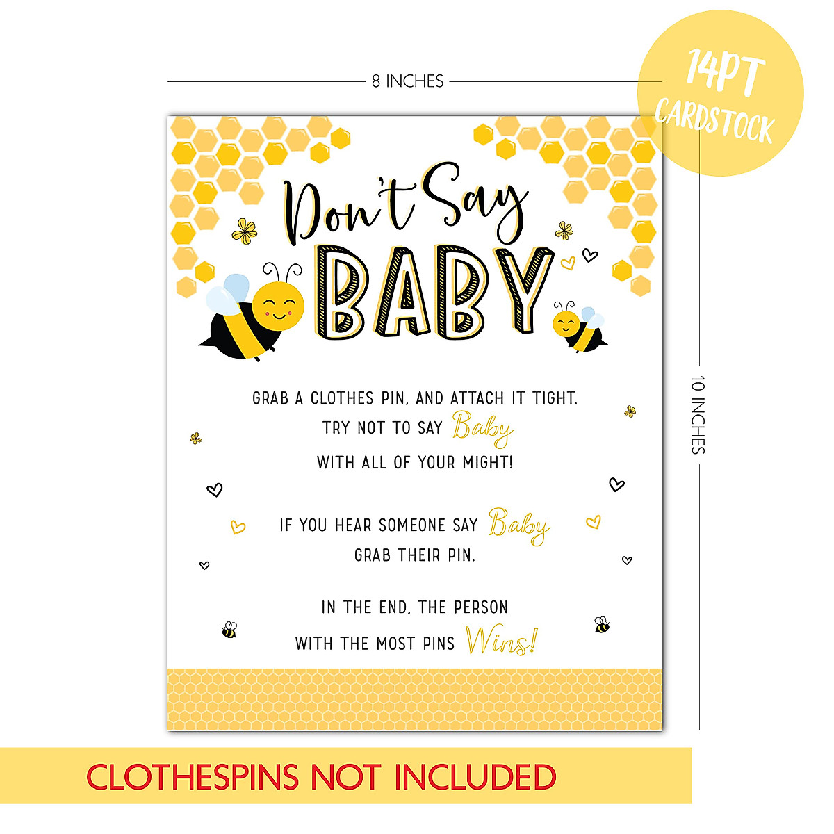Bee Baby Shower Don't Say Baby Clothespin Game Neutral for Boy or Girl