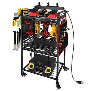 ElecVoztile Power Tool Organizer Cart w/Charging Station, 8 AC Outlets, 8 Drills Holders, 3-Layer Storage Shelves, 4 Wheels w/Brake, More Space for Plier, Screwdriver, Hammer, Wrench, etc (Black)