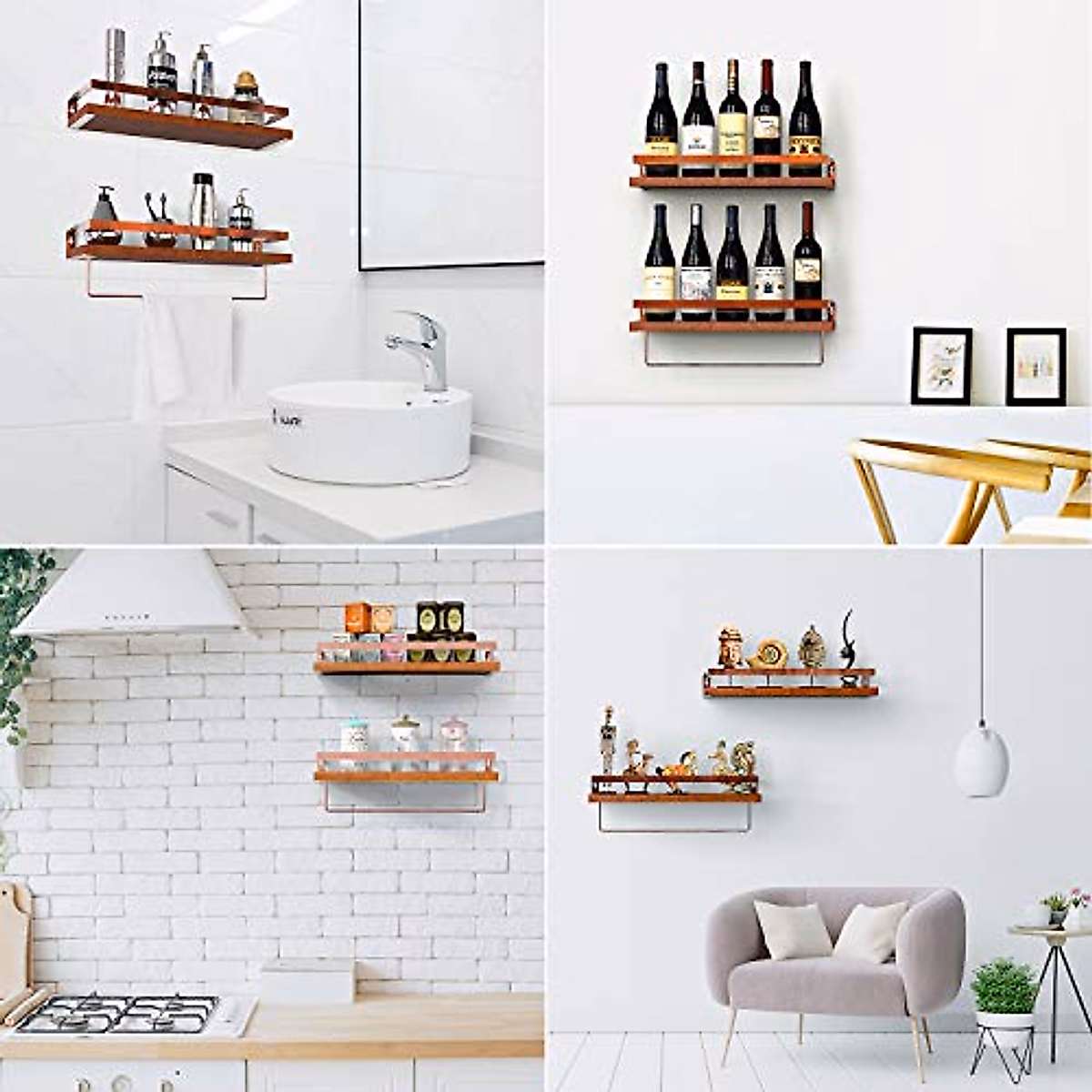 GeekDigg Floating Bathroom Shelves, Wall Shelf Set of 2 with Integrated Towel Bar, Floating Shelves Wood with Rose Gold Rails for Bedroom, Living Room, Bathroom, Kitchen, Office Storage