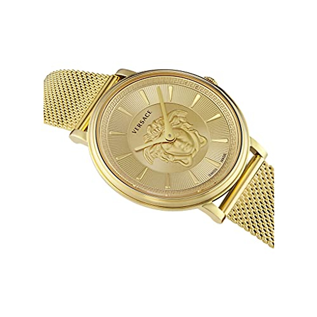 Versace Womens Gold Tone Swiss Made Watch. V-Circle Medusa Collection. High Fashion Adjustable Gold Bracelet. Featuring Medusa Head Icon Embedded on Gold Dial.