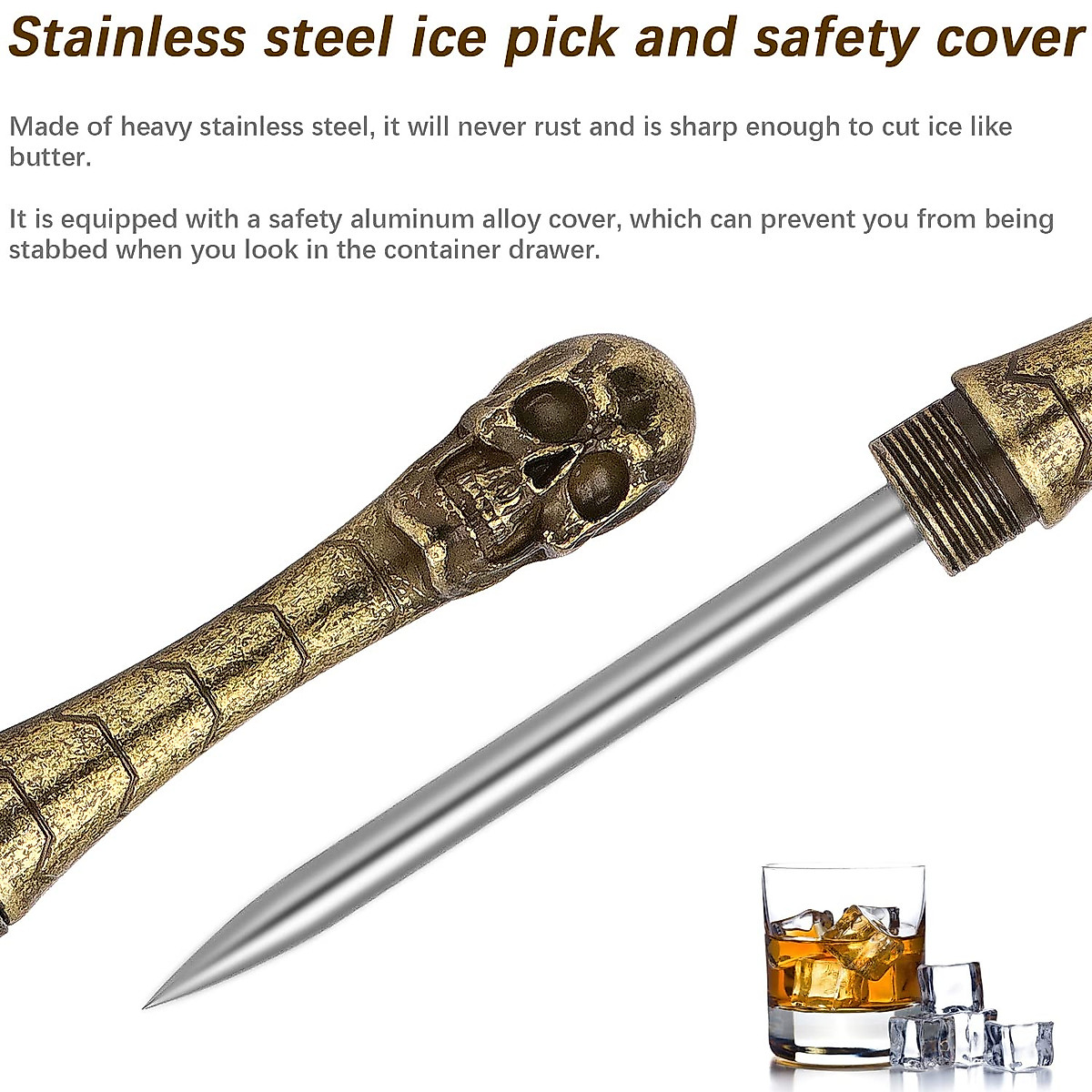 JINBAZO Ice Pick with Safety Cover, Pick Tool for Breaking Ice, Non-slip Antiskid Handle for Kitchen, Bars, Bartender, Camping (Bronze)