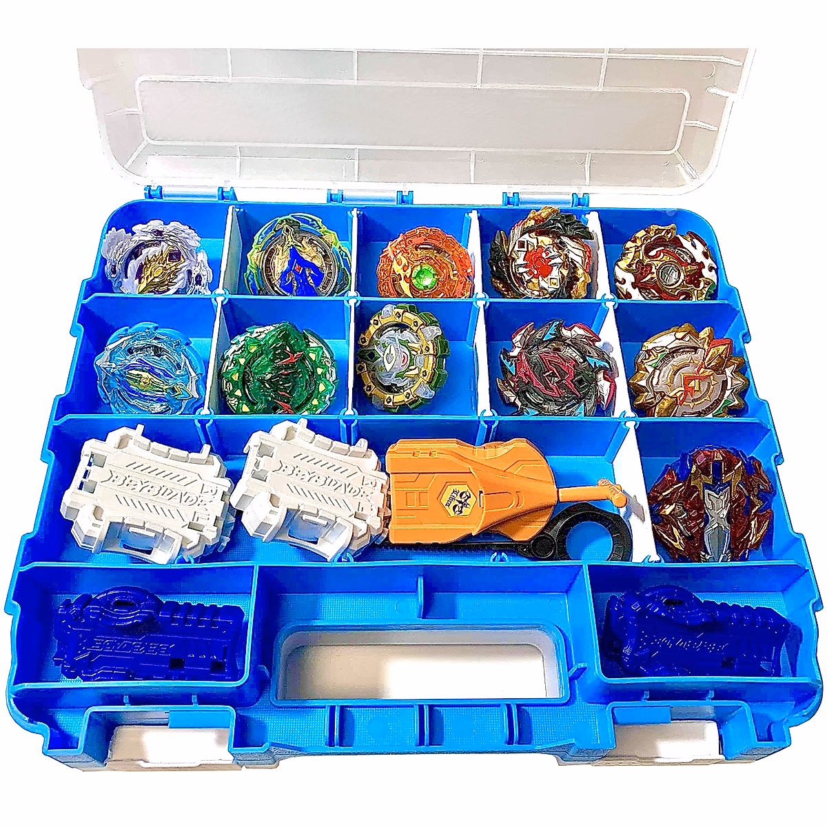 HOME4 Double Sided No BPA Toy Display Storage Container Box - Compatible with Mini Toys, Small Dolls, Tools Beyblade - Heavy Duty Organizer Carrying Case - 34 Adjustable Compartments (Blue)