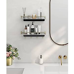 Mazjoaru Floating Shelves Acrylic Bathroom Shelves Set of 2, 16inch Wall Shelves with Gold Metal Towel Hook, Storage Shelves for Bathroom Living Room Bedroom