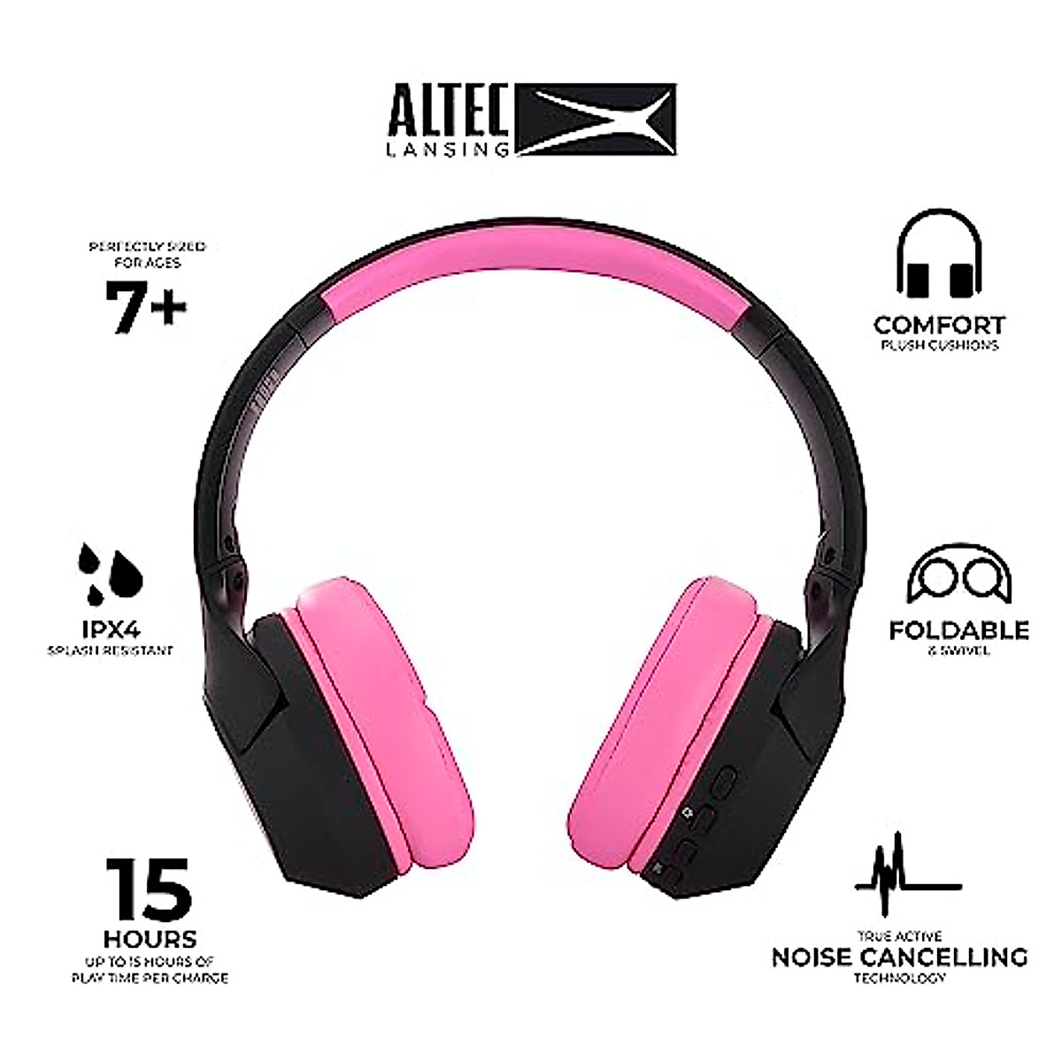 Altec Lansing Kid Safe Noise Cancelling Wireless Headphones 15H Battery, 85dB Volume Limit, Foldable Design Powerful Sound, Active Noise Cancellation Perfect for Kids Ages 7+ (Blackout Pop Pink)