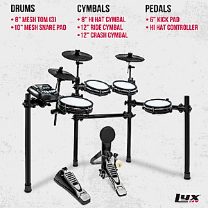 LyxJam 8-Piece Electronic Drum Kit, Professional Drum Set with Real Mesh Fabric, 448 Preloaded Sounds, 70 Songs, 15-Song Recording Capacity, Choke,Rim,Edge Capability & Kick Pad, Drum Sticks Included