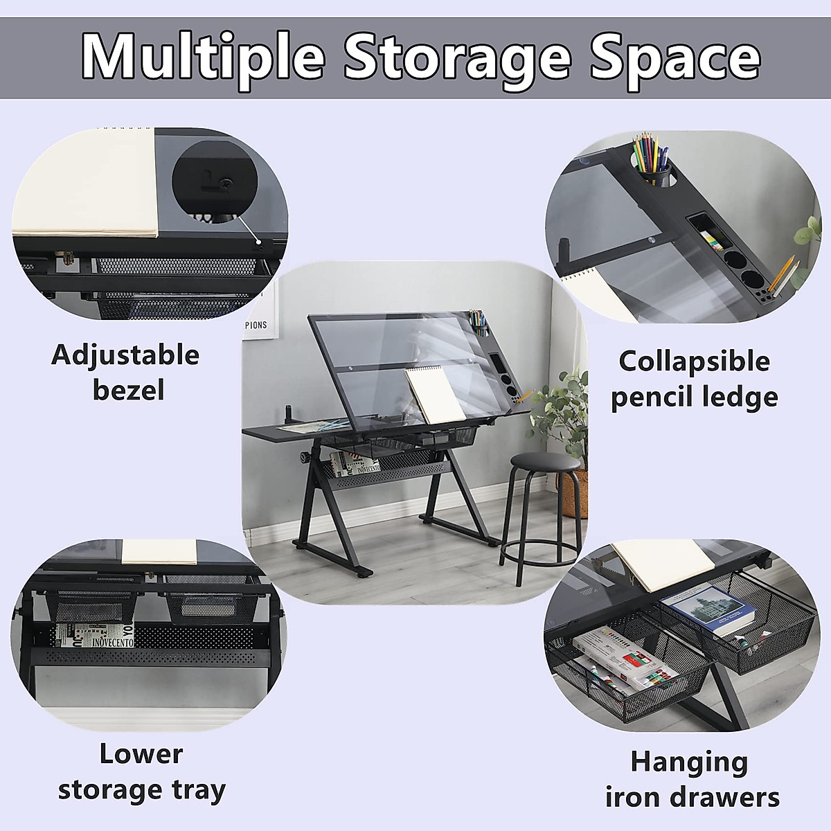 Gagawin Drafting Table with Stool, Height Adjustable Drawing Desk Tempered Glass Art Table Writing Desk with 0-75° Tilting Tabletop for Home Office, No.1-Black