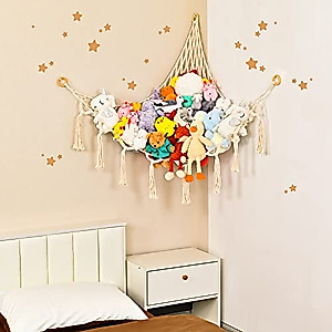 Hautton Stuffed Animal Hammock Net Storage, Macrame Hanging Hammock Plushie Toy Organizer Boho Wall Corner Net Holder for Kids Room Nursery Playroom -Large/White