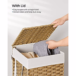 SONGMICS Laundry Hamper with Lid, 17.2 Gallon (65L) Synthetic Rattan Clothes Laundry Basket with Lid and Handles, Foldable, Removable Liner, Natural ULCB165N01