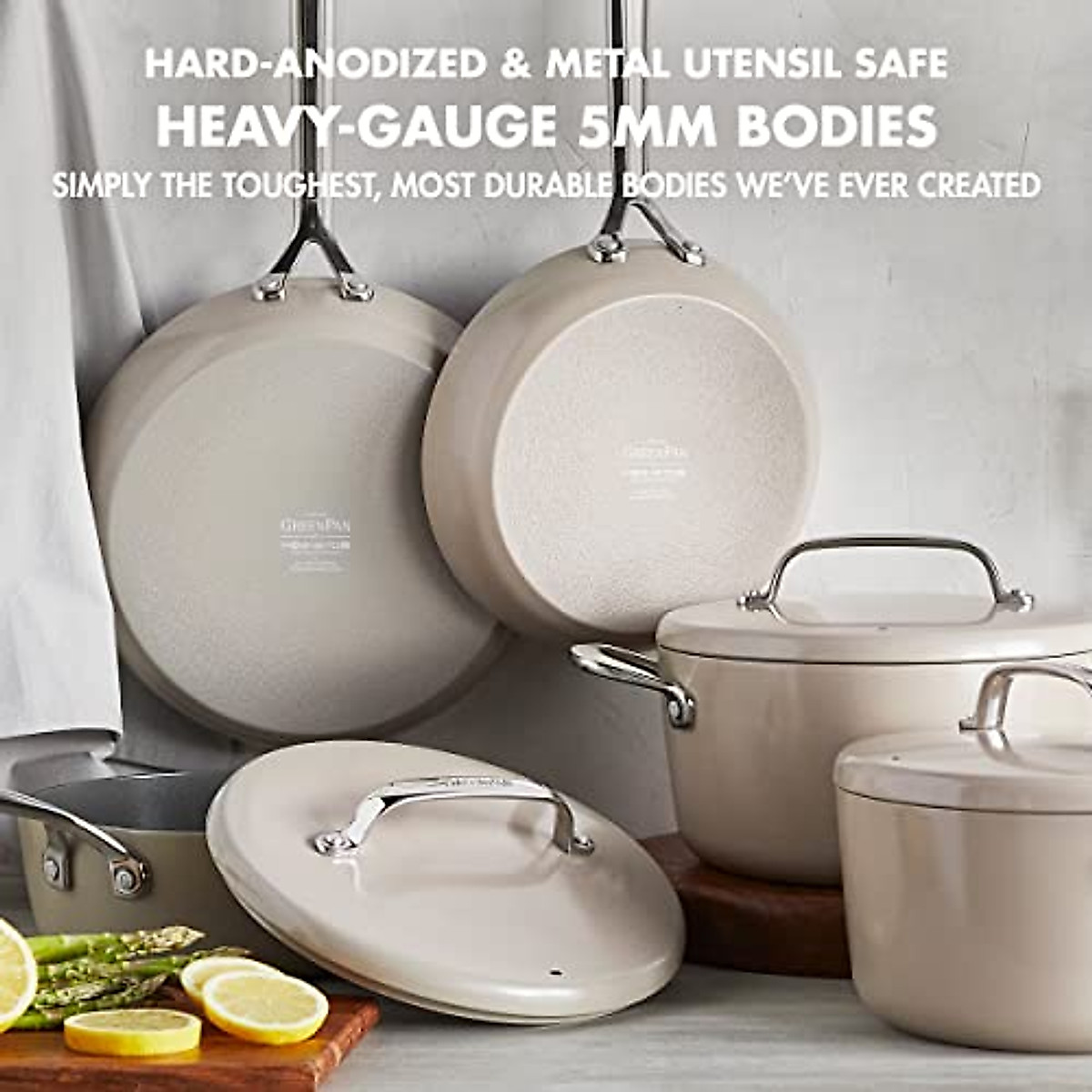 GreenPan GP5 Hard Anodized Healthy Ceramic Nonstick 14 Piece Cookware Pots and Pans Set,Heavy Gauge Scratch Resistant,Stay-Flat Surface, Induction, Mirror Finish Handle,Oven Safe,PFAS-Free,Taupe