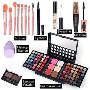 Full Makeup Kit with Applicator - 78 Color Cosmetic Gift Set Include Eyeshadow/Lipstick/Blush/Contour/Concealer, Mascara, Lip Liner, Eyeshadow Primer, Eyebrow Powder, Sponge and 8pcs Makeup Brush