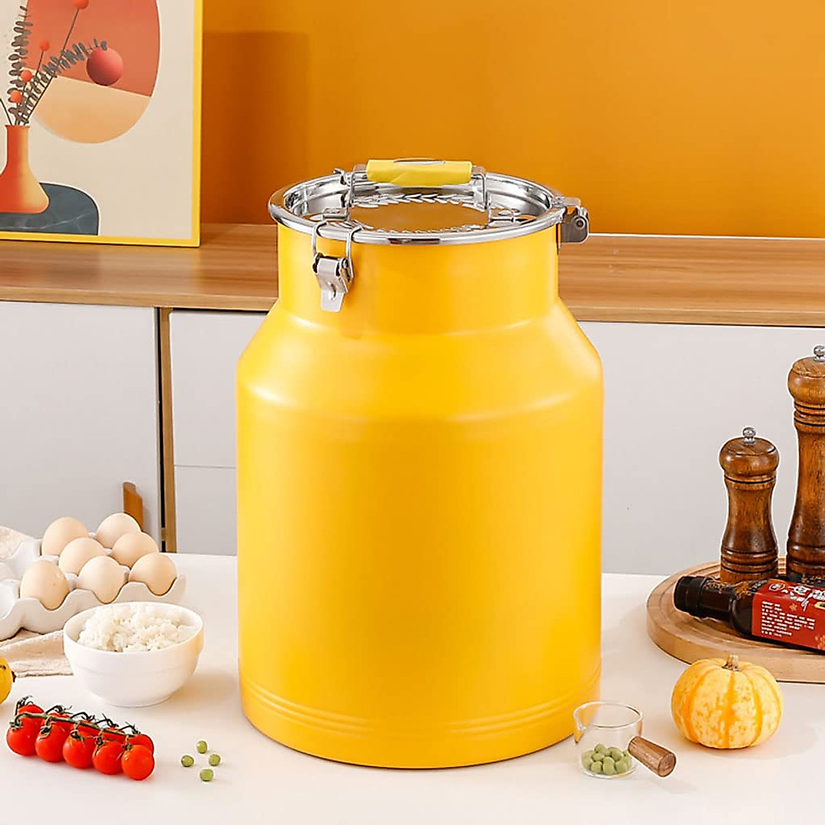 YISHUOYZBS Stainless steel storage tank,Containers Airtight with Portable Handle, Large Kitchen Rice Canisters Bucket with Lids and Side Locking Clamp,Great for Flour Snacks Sugar Cereal-Yellow||8L