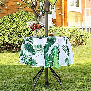 Poise3EHome 60 inches Outdoor/Indoor Waterproof Tropical Round Tablecloth with Umbrella Hole Zipper Green for Camping Picnic Party Patio Table Spring, Palm Leaf