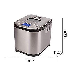 FRIGIDAIRE Bread Maker Machine with Nonstick Bowl, Bread Hook, Measuring Cup & Spoon. 15-in-1, Gluten-Free Bread, Cake& Yogurt, 3 Crust Colour options and more. 3 Loaf Sizes. 2LB XL- Stainless Steel
