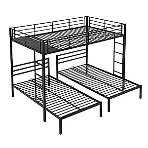 Bellemave Triple Bunk Beds Full Over Two Twin Bed Metal L-Shape3 Frame with Storage Shelf for Three Kids Boys Girls, Black