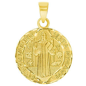 Jewelry America Solid 14k Yellow Gold Round Shaped St. Benedict Medallion Charm Pendant with Cable Chain Necklace, 20"