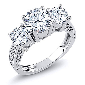 Gem Stone King 925 Sterling Silver White Topaz 3-Stone Engagement Ring For Women (2.90 Cttw, Gemstone Birthstone, Round 7MM and 5MM, Available In Size 5, 6, 7, 8, 9)