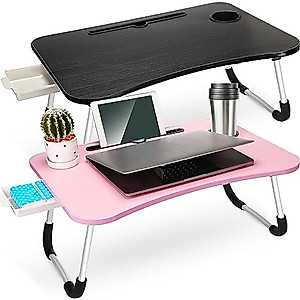 Sintuff 2 Pcs Laptop Bed Desk Foldable Lap Tray with Drawer Cup Holder Large Lap Desk Portable Bed Laptop Table for Breakfast Laptop Bed Tray for Writing Reading on Bed Low Sitting Floor (Black Pink)