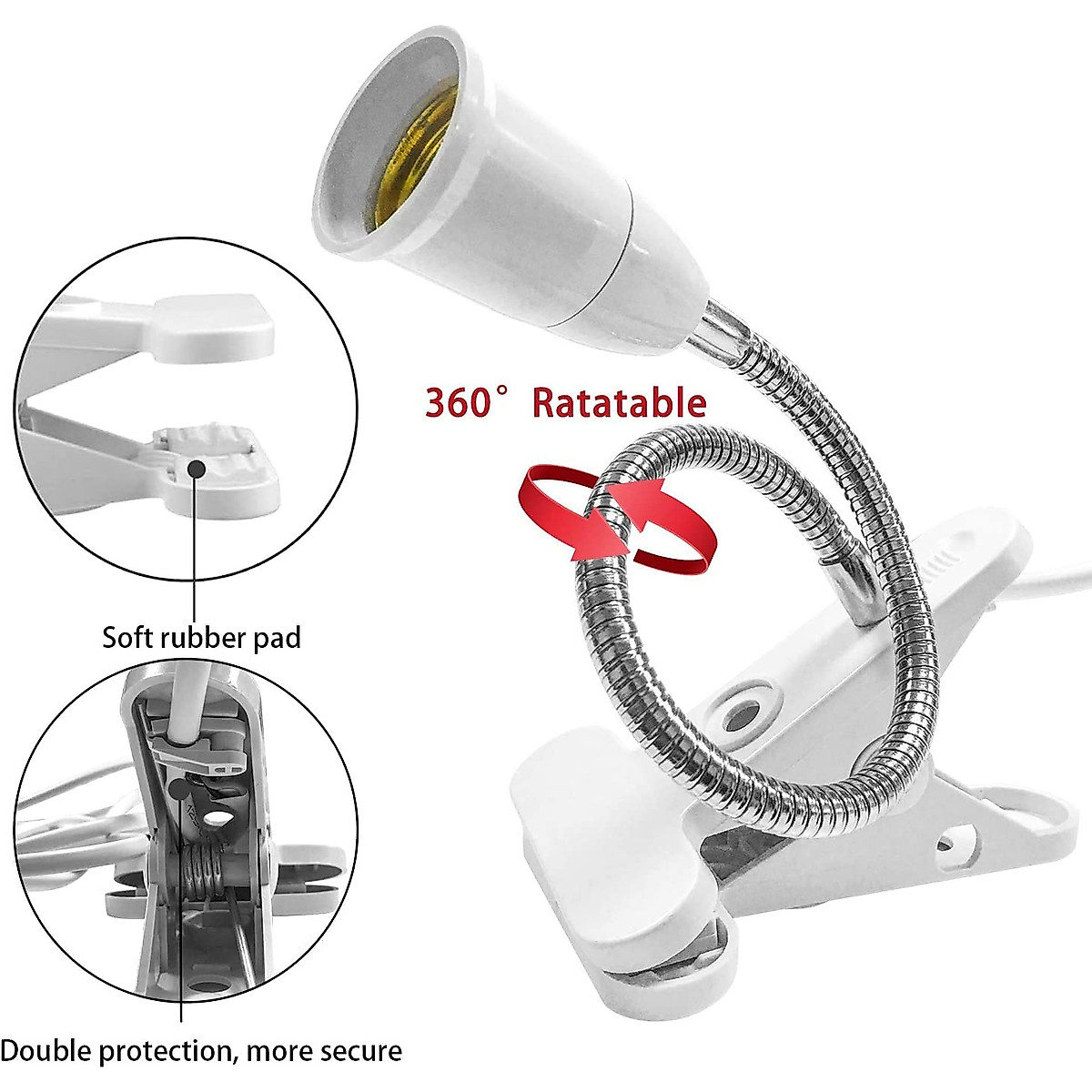 Bahong Clip Desk Lamp Socket,Desk Light Adapter,Clip Light Bulb Holder,E26/E27 Flexible Light Socket,86.6in Table Reading Light,Night Light with Cord,Clamp Light Bulb Stand with On/Off Switch (1PC)