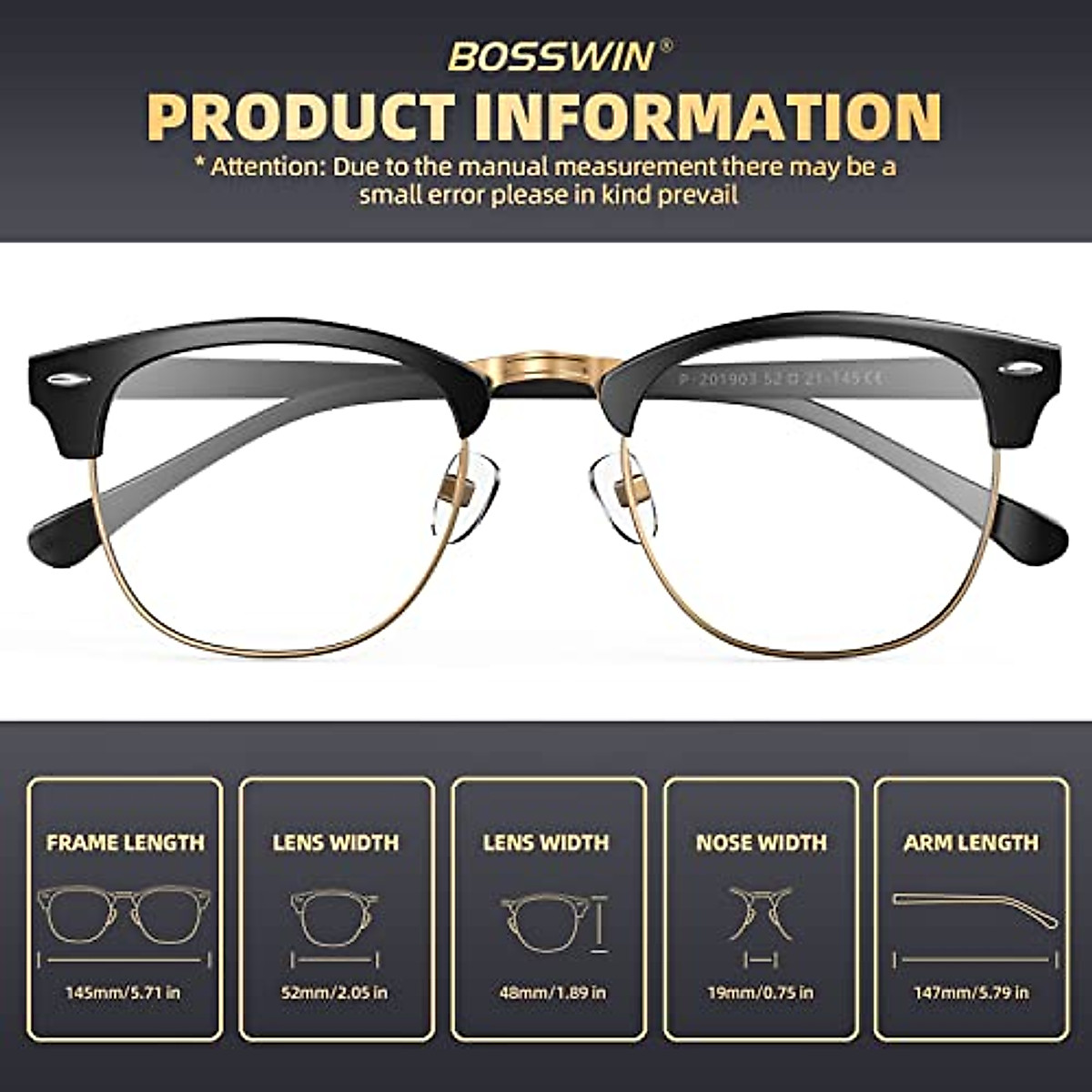 BOSSWIN Blue Light Glasses, 2 Pack, Fashion Round Half Frame, Computer/Game/Reading/TV Blue Light Blocking Glasses (Gold+silver)