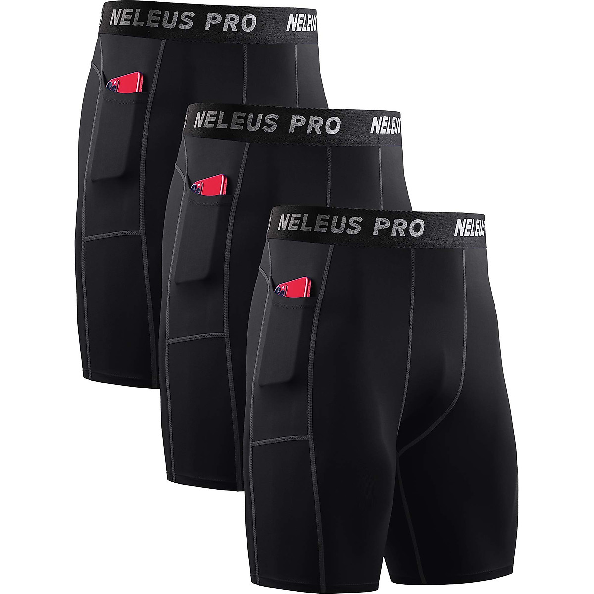NELEUS Men's Compression Shorts 3 Pack Dry Fit Running Shorts,6081,Black/Black/Black,L