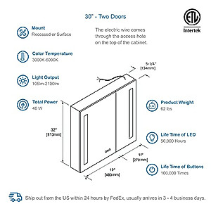 Blossom Recessed or Surface 30 Inch LED Mirror Medicine Cabinet with Lights, LED Medicine Cabinet with Defogger, Dimmer, Outlets & USB Ports (30x32)