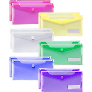 Sooez Small Plastic Envelopes, 12 Pack Plastic Pouch with Label Pocket, Plastic Pencil Pouch, Reusable Envelopes,Pencil Case Bulk, Plastic Money Envelopes, 9.4 x 4.7 Inches