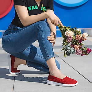 Puxowe Women's Casual Slip on Walking Flat Shoes-Lightweight Low-Top Knit Loafer Sneaker Red Size 8 US