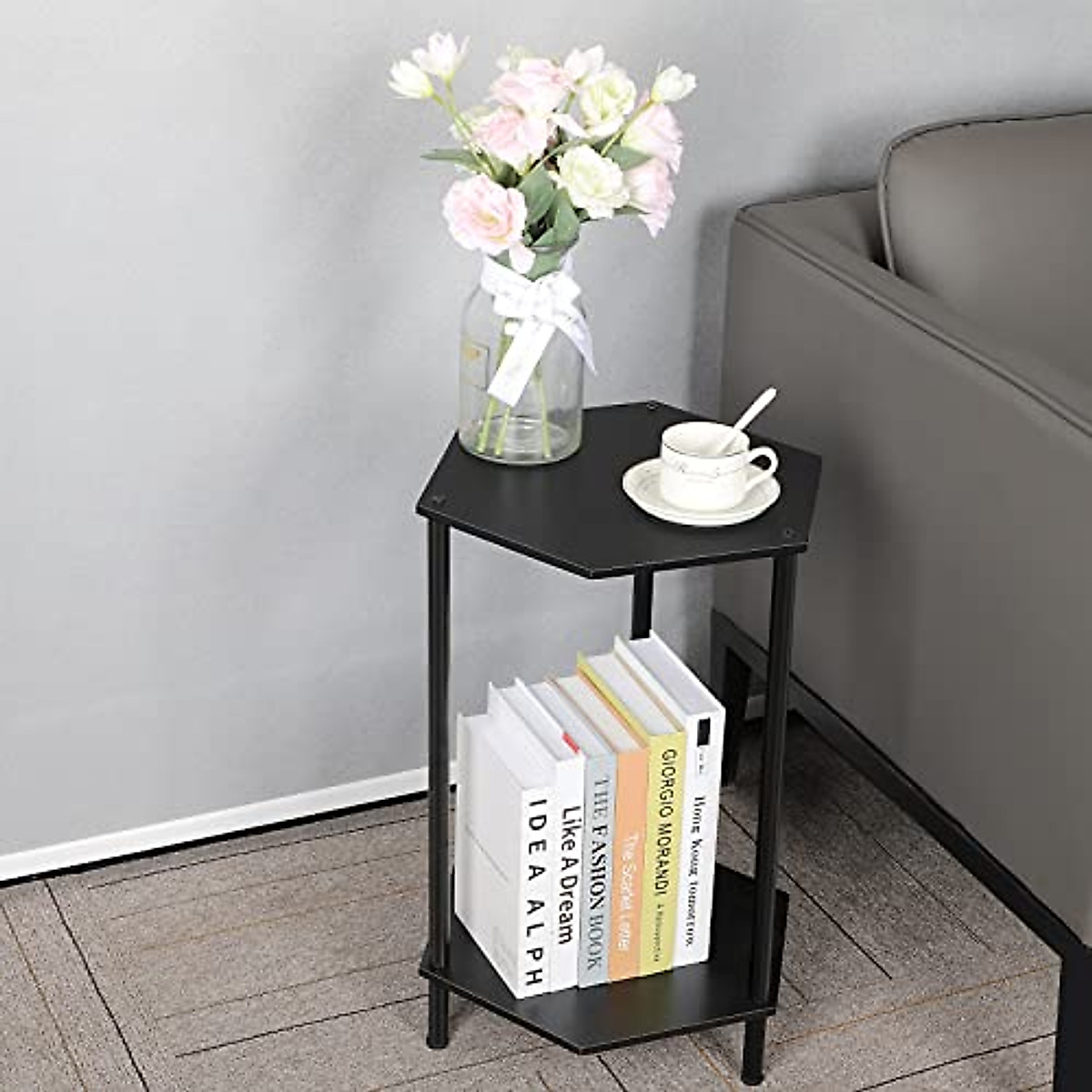 Vrisa End Table Set of 2 Bedside Tables for Small Spaces Hexagonal Side Table Bamboo Nightstands Set of 2 with Storage 2-Tier Space Saving for Living Room, Bedroom, Office Black