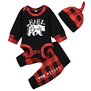 Preemie Newborn Baby Boy Christmas Clothes Buffalo Plaid Outfit Long Sleeve Baby Bear Romper Bodysuit + Long Red Tartan Pants + Xmas Red Plaid Hat 3Pcs Clothing Sets